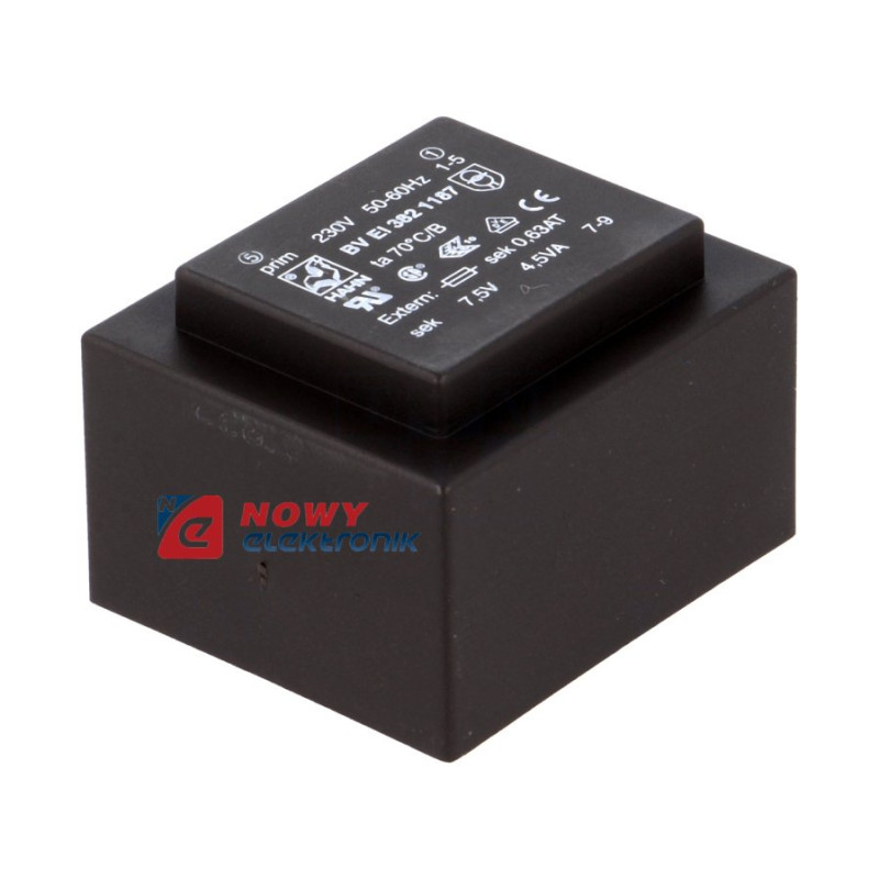 Transformator BVEI3821187 4,5VA 230VAC / 7,5V 600mA Zalewany-Zasilacze ...